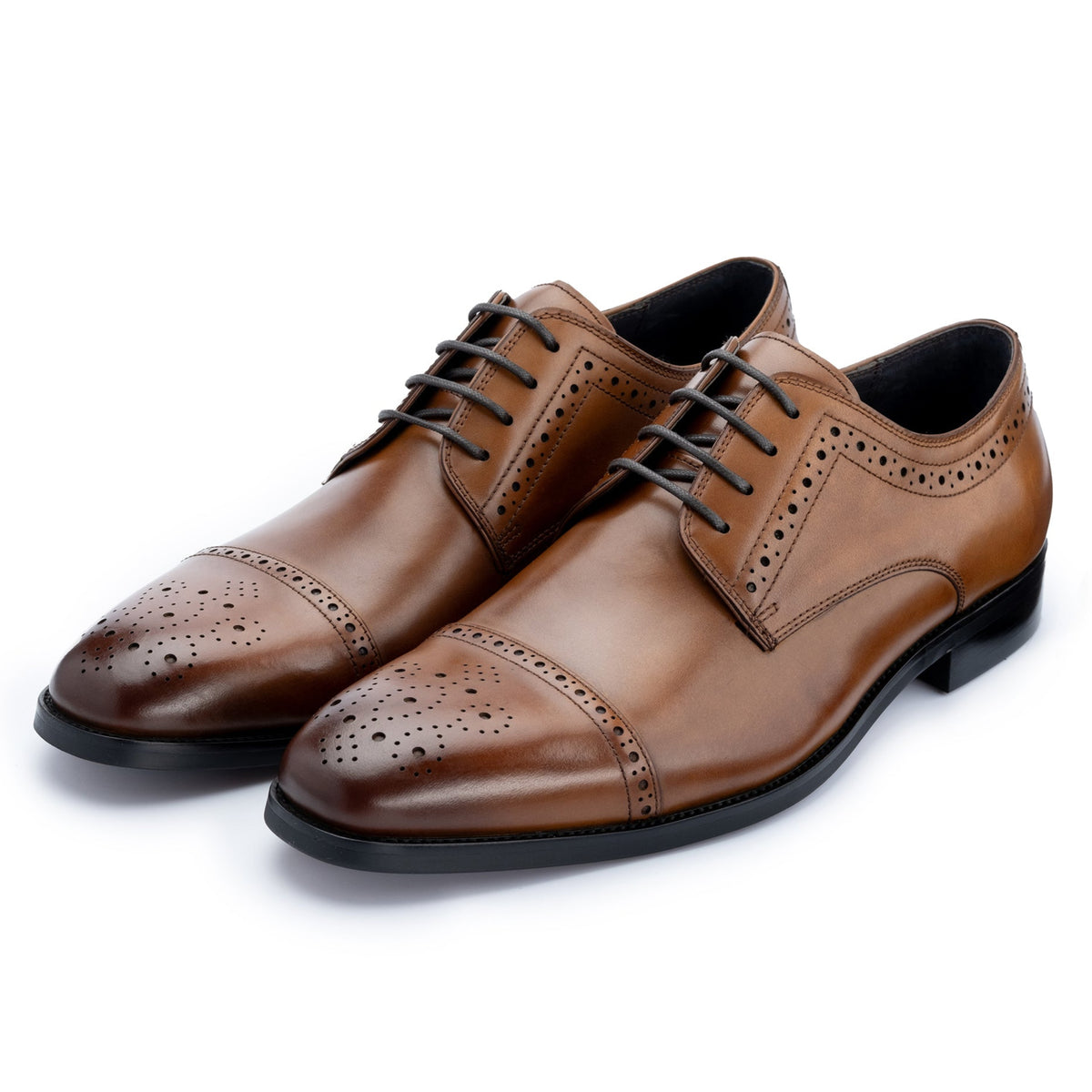Lucan Semi-Brogues — Polished Calf Derby in Tan & Black | John White Shoes